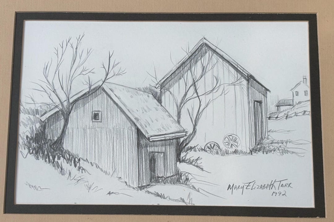 Vintage Shed Barn Farm Homestead Drawing Signed Original Art Primitive ...