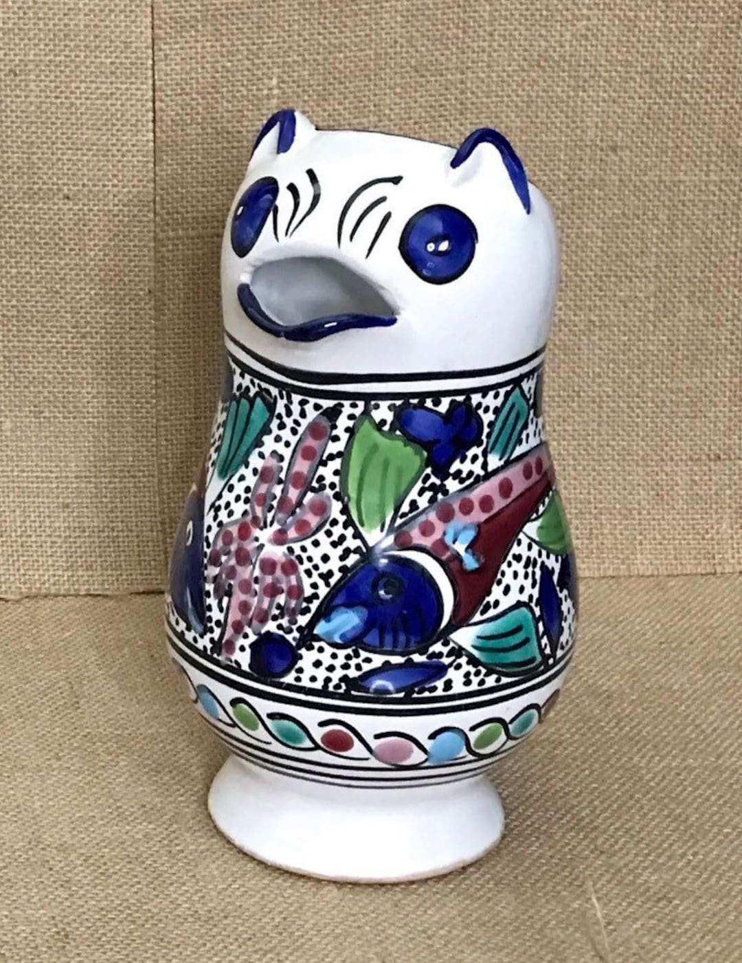Unique Kitschy Hand Painted Ceramic Cat Pitcher Jug Liquid Pours From ...
