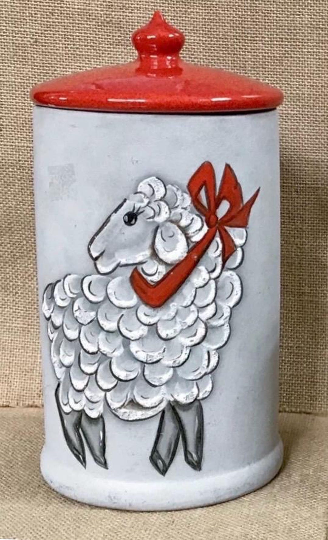Vintage Sheep Treat Jar Tall Canister Country Kitsch Farm Cottage Core ...