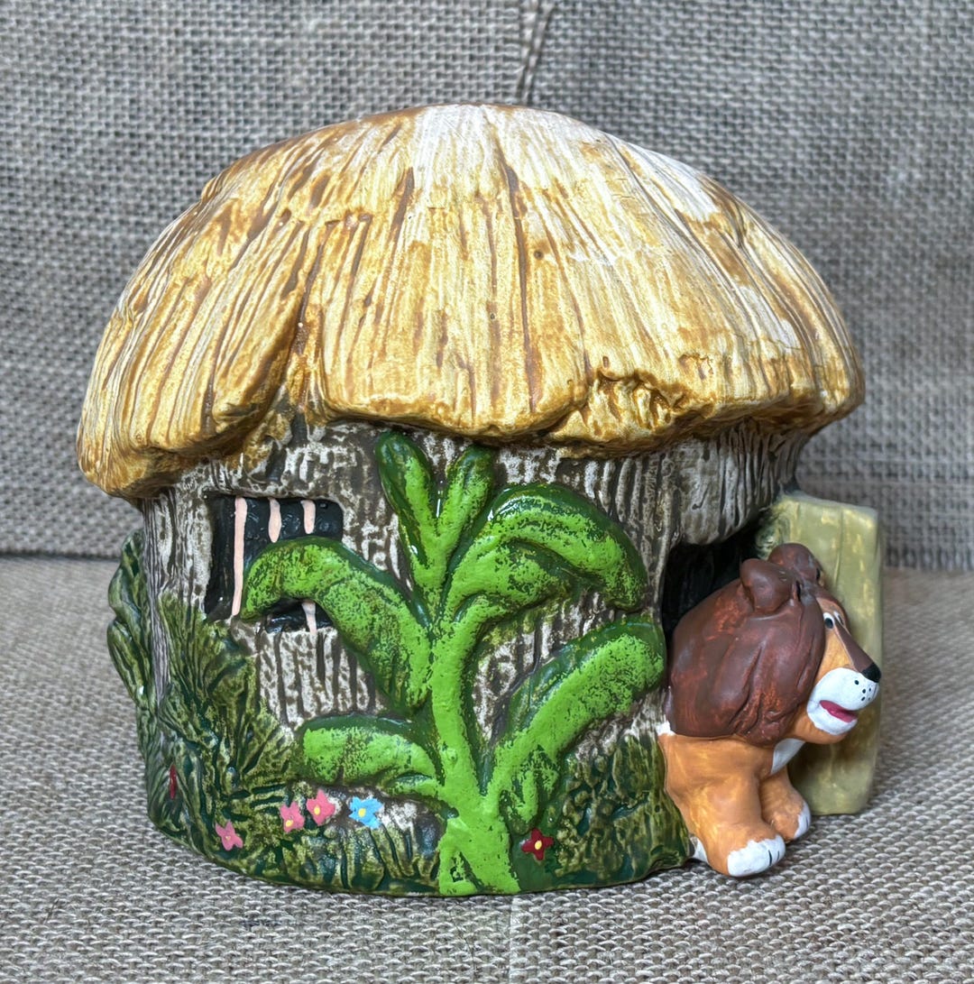 Vintage Napco Tiki Hut Lion Planter Jungle Safari Playful Fun Mid ...