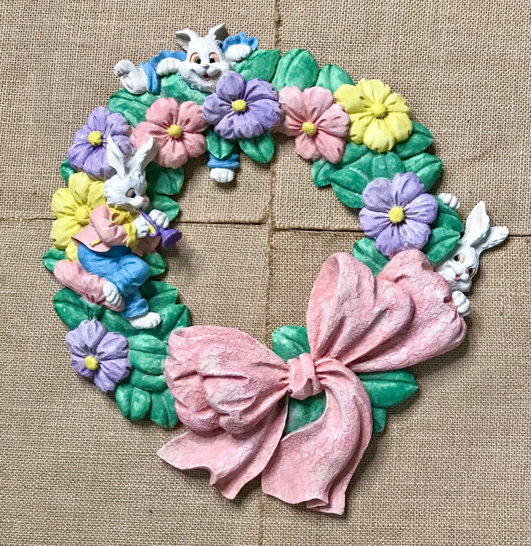 Vintage 90s Kitsch Resin Easter Bunny Floral Wreath Spring Pastels AS ...
