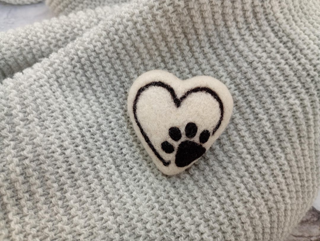Felted Wool Heart Brooch With Paw Design, White Handmade Heart Pin ...