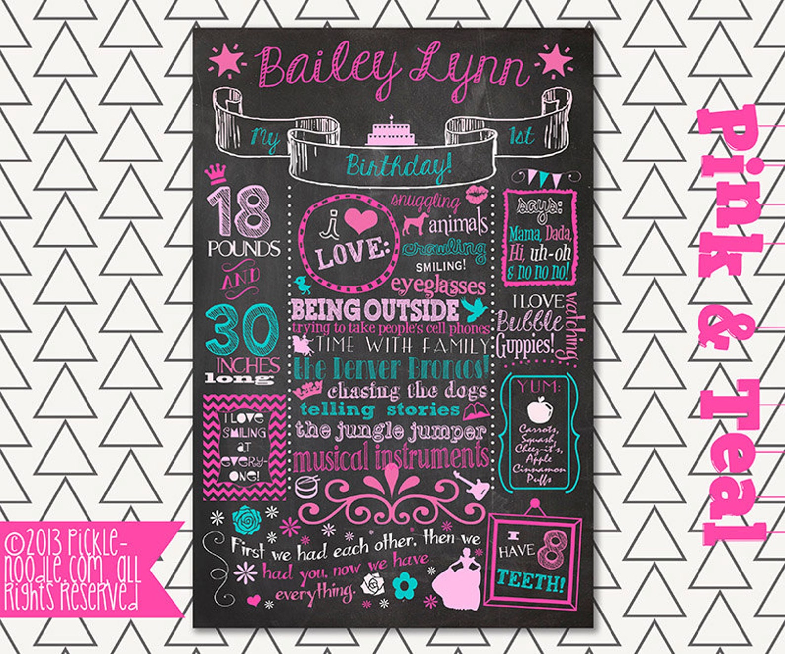 First Birthday Chalkboard Sign Printable / Pink and Teal / - Etsy