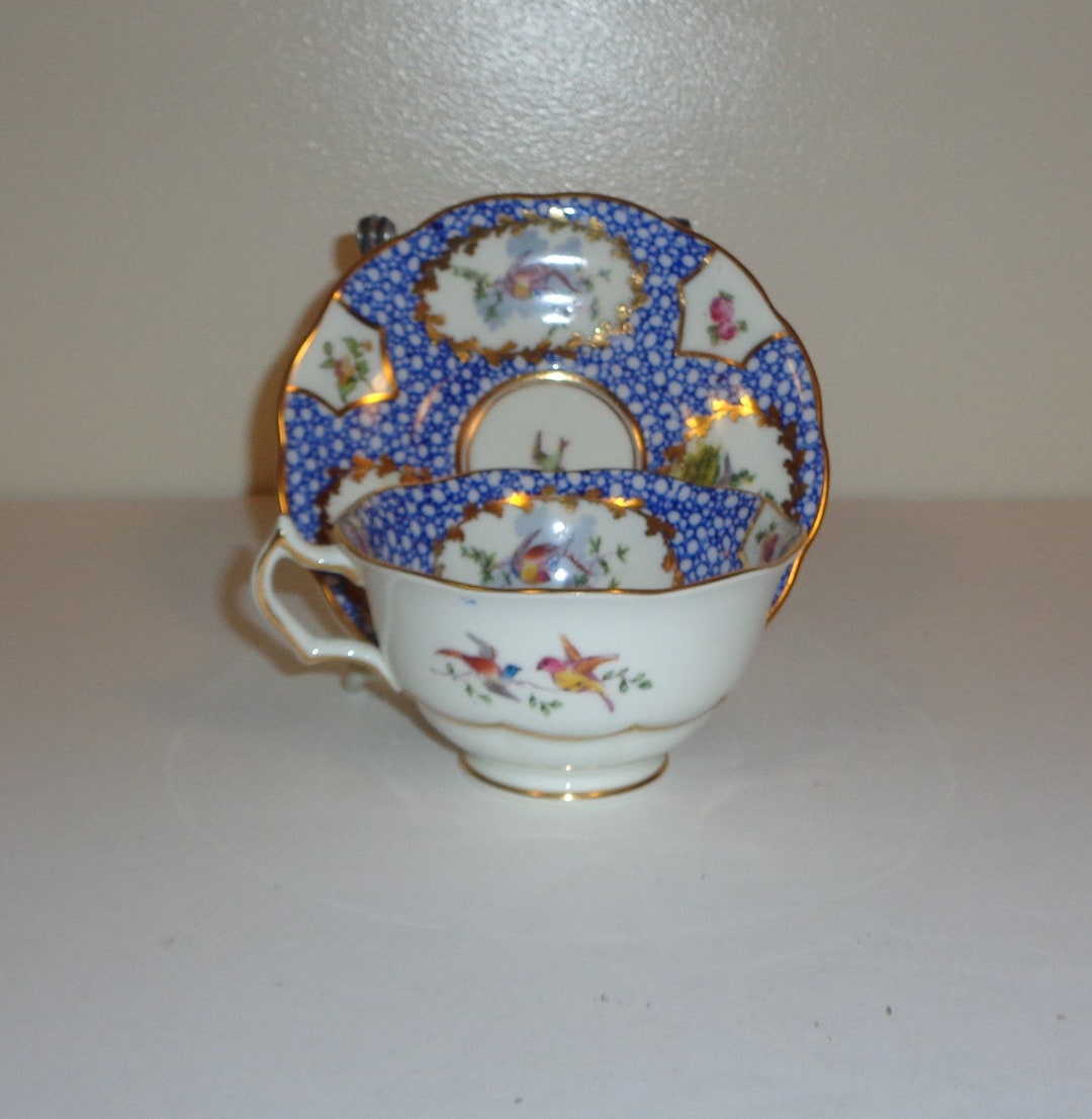 Crescent China Jones and Sons, Multiple Birds Mottled Blue Heavy Gold ...