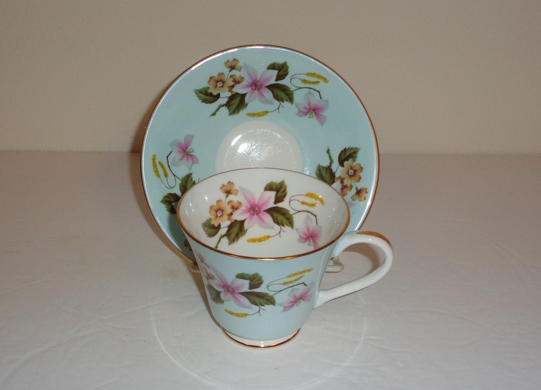Aynsley Robin Egg Blue and Floral Cup and Saucer Fine Bone China Made ...