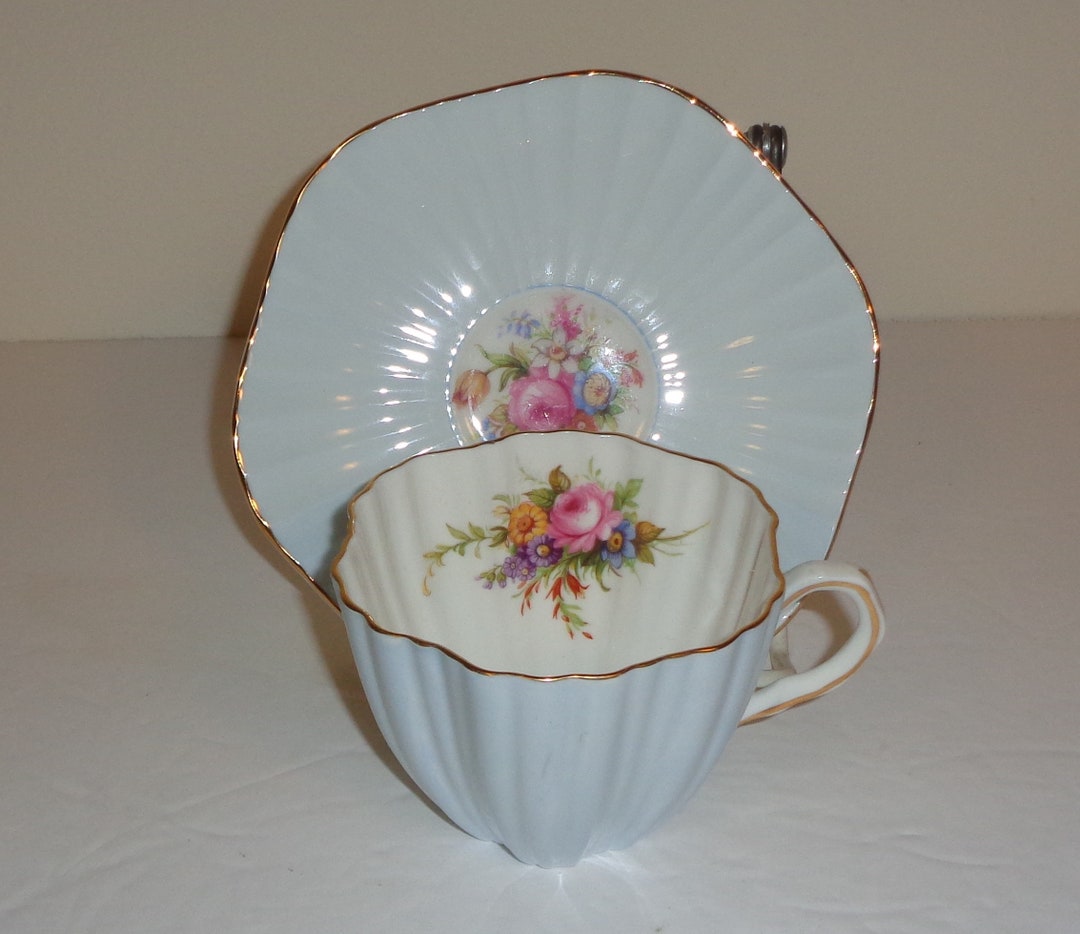 E B Foley Pastel Blue Rose Spray and Florals Fluted Cup and Saucer Fine ...