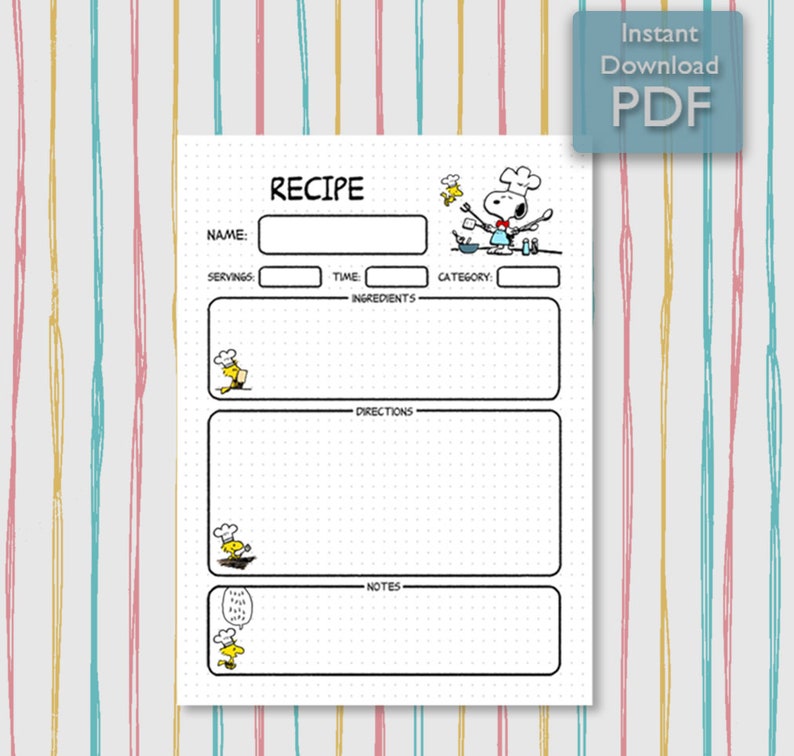 Cute Printable Recipe Page, Recipe Card, Recipe Sheet Template , Size ...