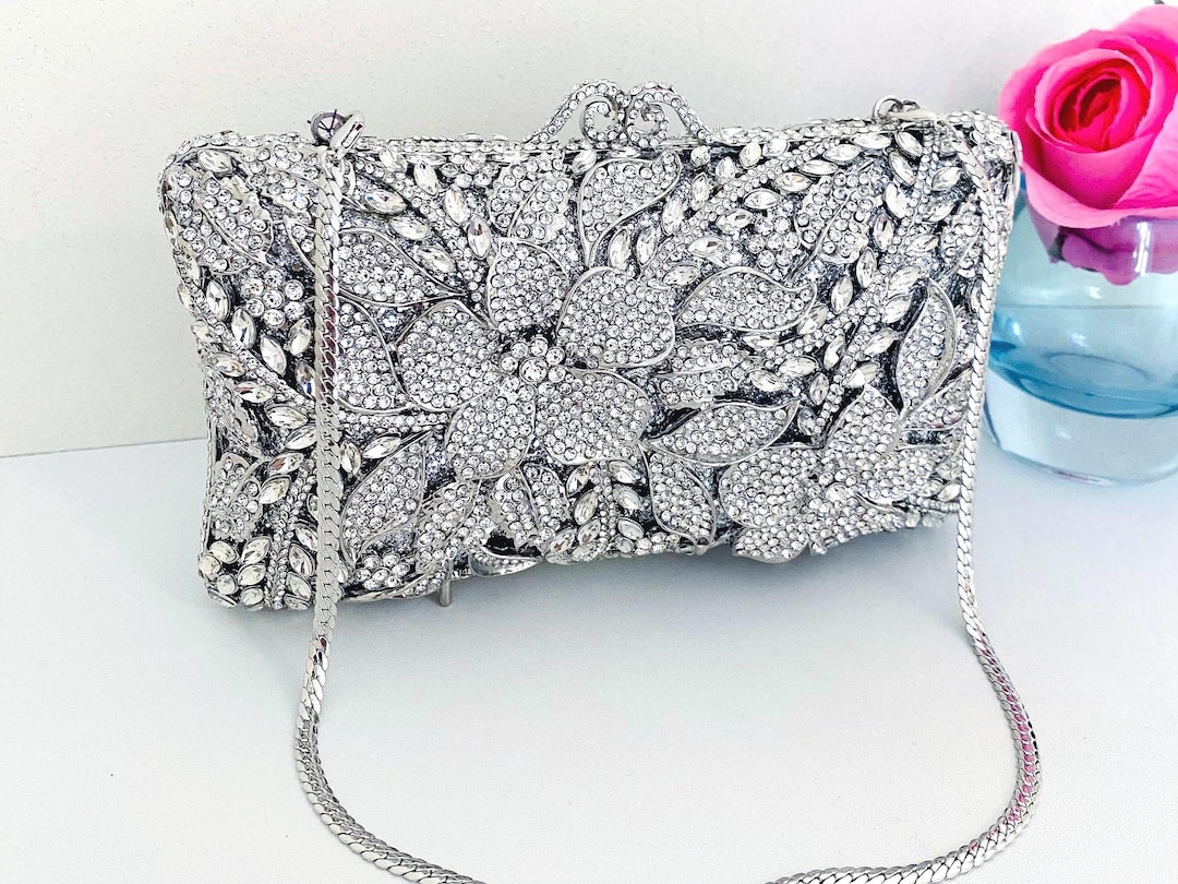 Silver Evening Clutch Bag, Crystal Wedding Bridal Purse, Jewel ...