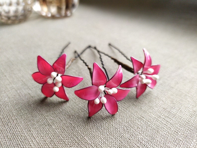 Set of 3 Lilly Flower Hair Pins Pink and Silver Handpainted | Etsy