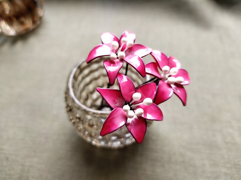 Set of 3 Lilly Flower Hair Pins Pink and Silver Handpainted | Etsy