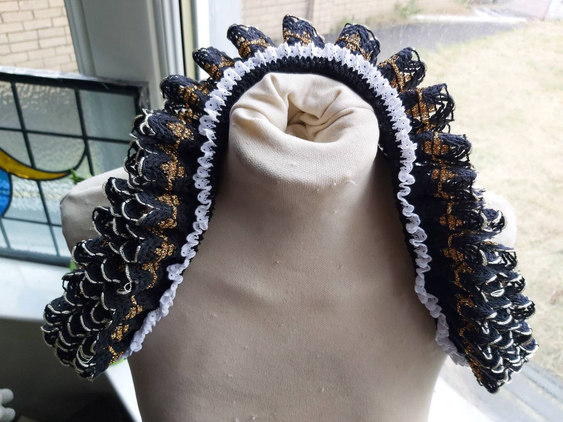 Black gold and white handsewn ruff. Ties around the back | Etsy