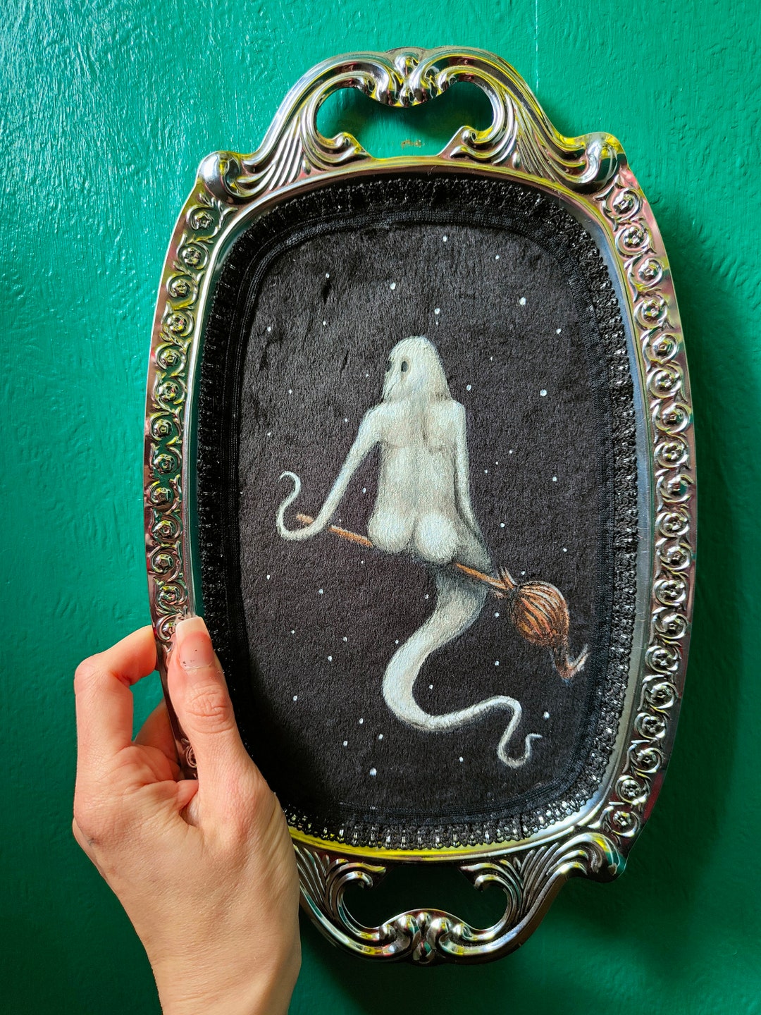 Velvet Painting of a Cheeky Ghost Riding a Broom. Gothic Art - Etsy
