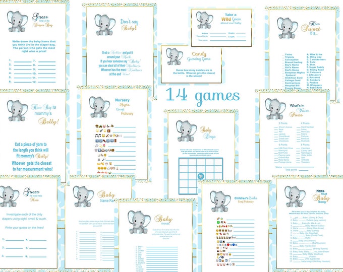 Blue Boy Elephant Baby Shower Game Package Set, 8 Printable Elephant ...