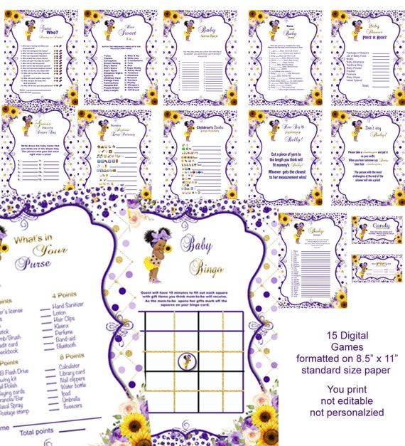Sunflower Baby Shower Games Purple Baby Shower Games - Etsy