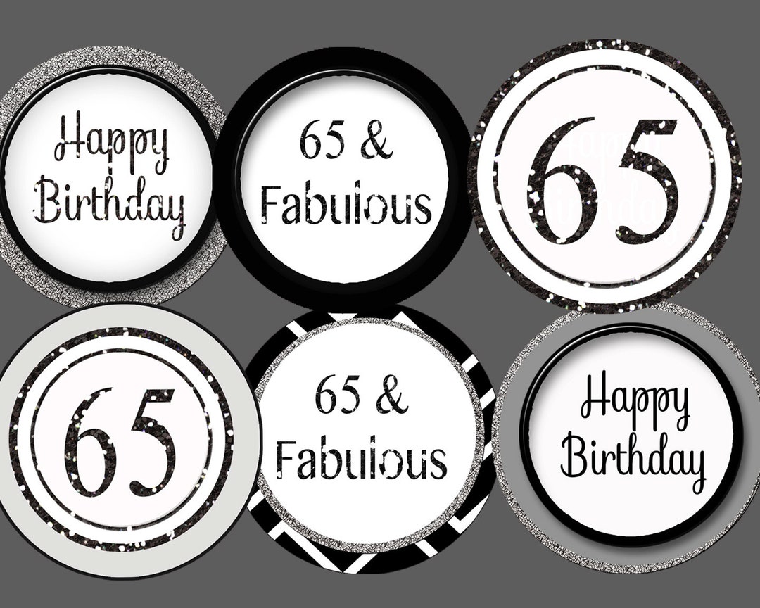 65th Cupcake Toppers, Silver Black Glitter, 65th Favor Tag, 65 Stickers ...