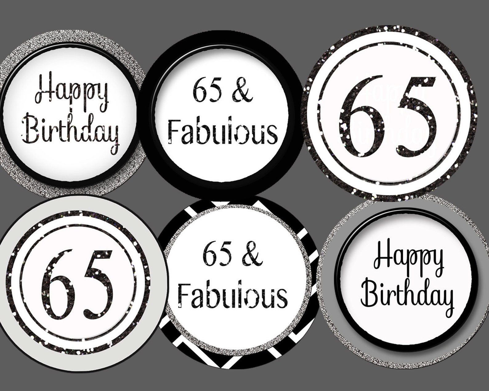 65th Cupcake Toppers, Silver Black Glitter, 65th Favor Tag, 65 Stickers ...
