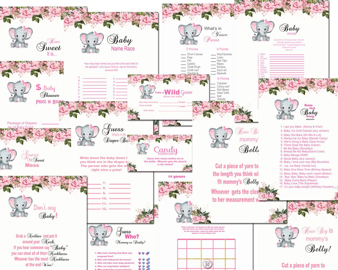 Girl Elephant Baby Shower Game Package Pink Games Party Pack | Etsy