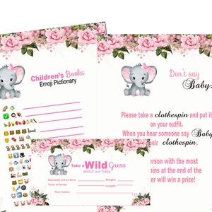 Girl Elephant Baby Shower Game Package Pink Games Party Pack | Etsy