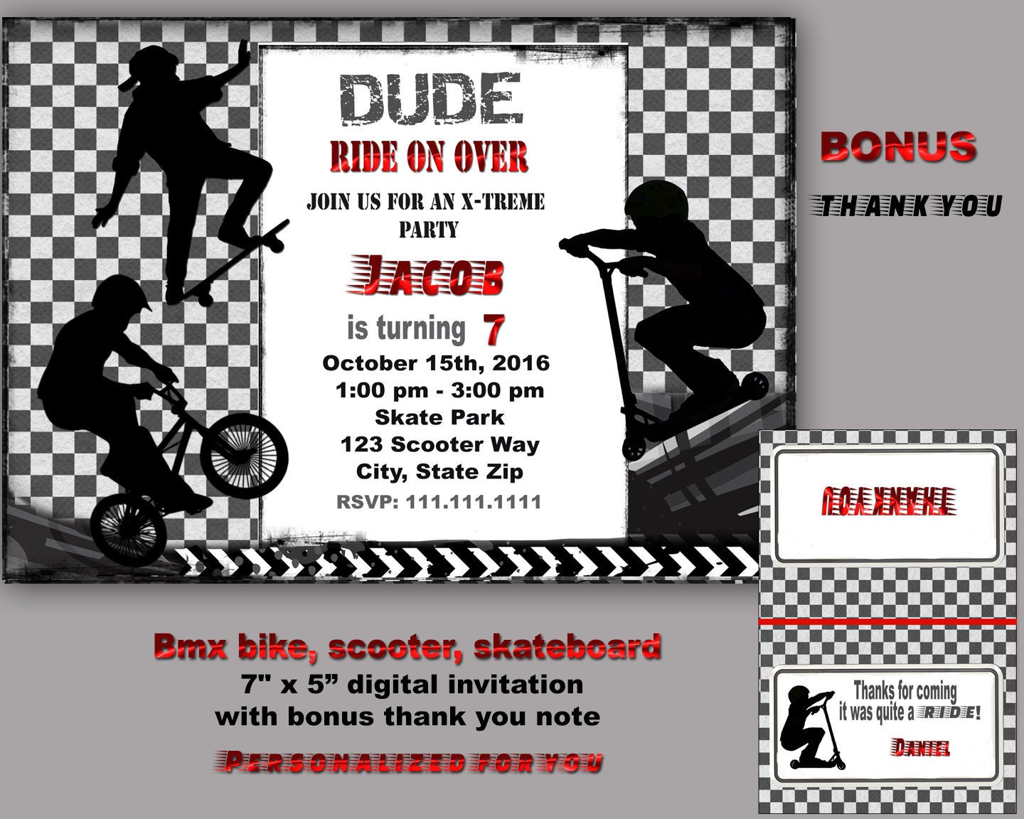 BMX Party Invite, Scooter Party, Skateboard Party, Scooter Birthday ...