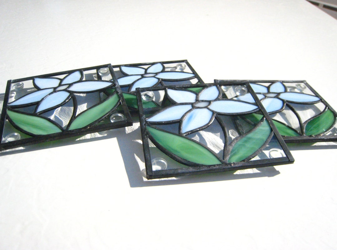 A Set of 4 Hand-crafted, Stained Glass Coasters With Flowers of (almost ...