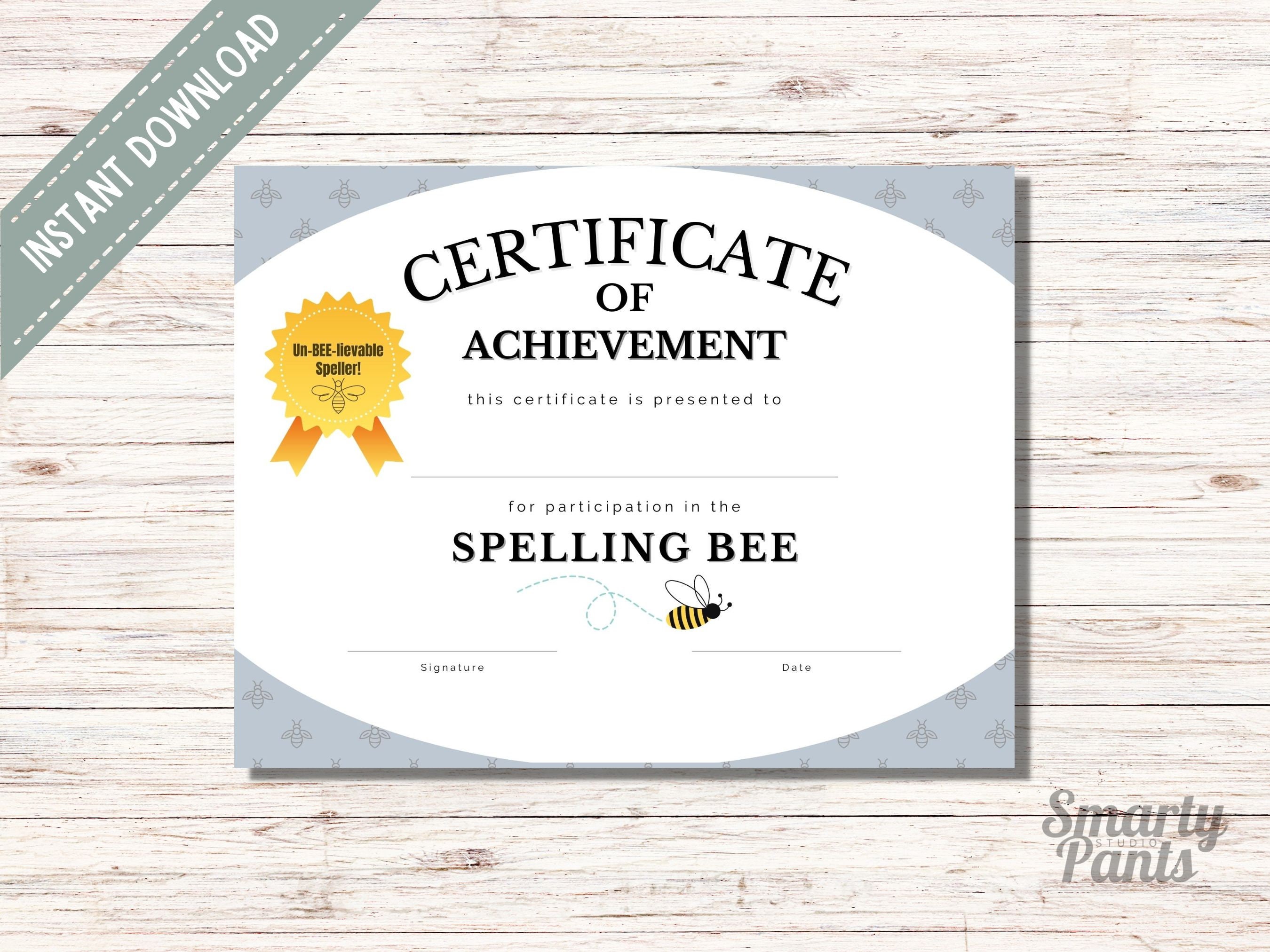 Spelling Bee Certificate Instant Download Spelling - Etsy