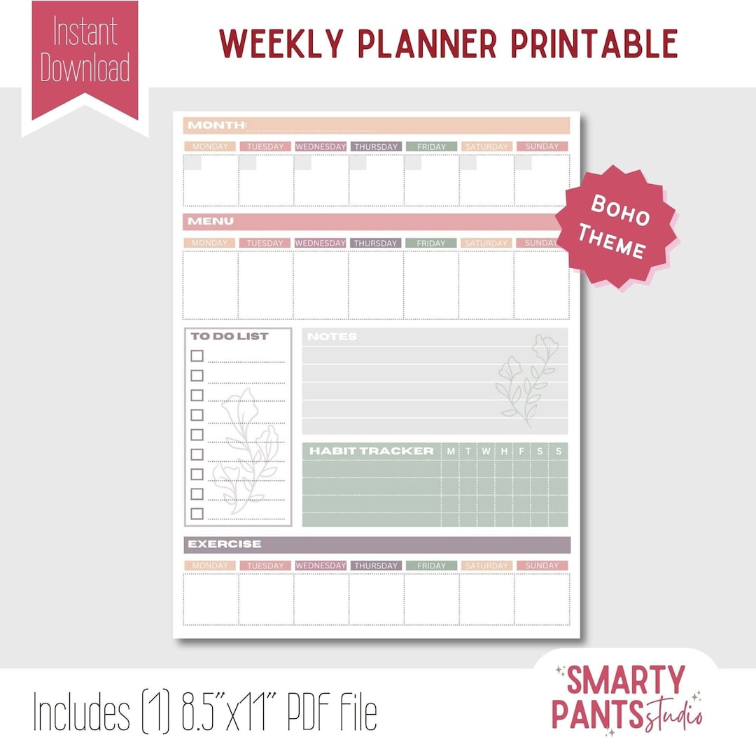 Weekly Planner Printable Boho Themed, Instant Download, Weekly Schedule ...