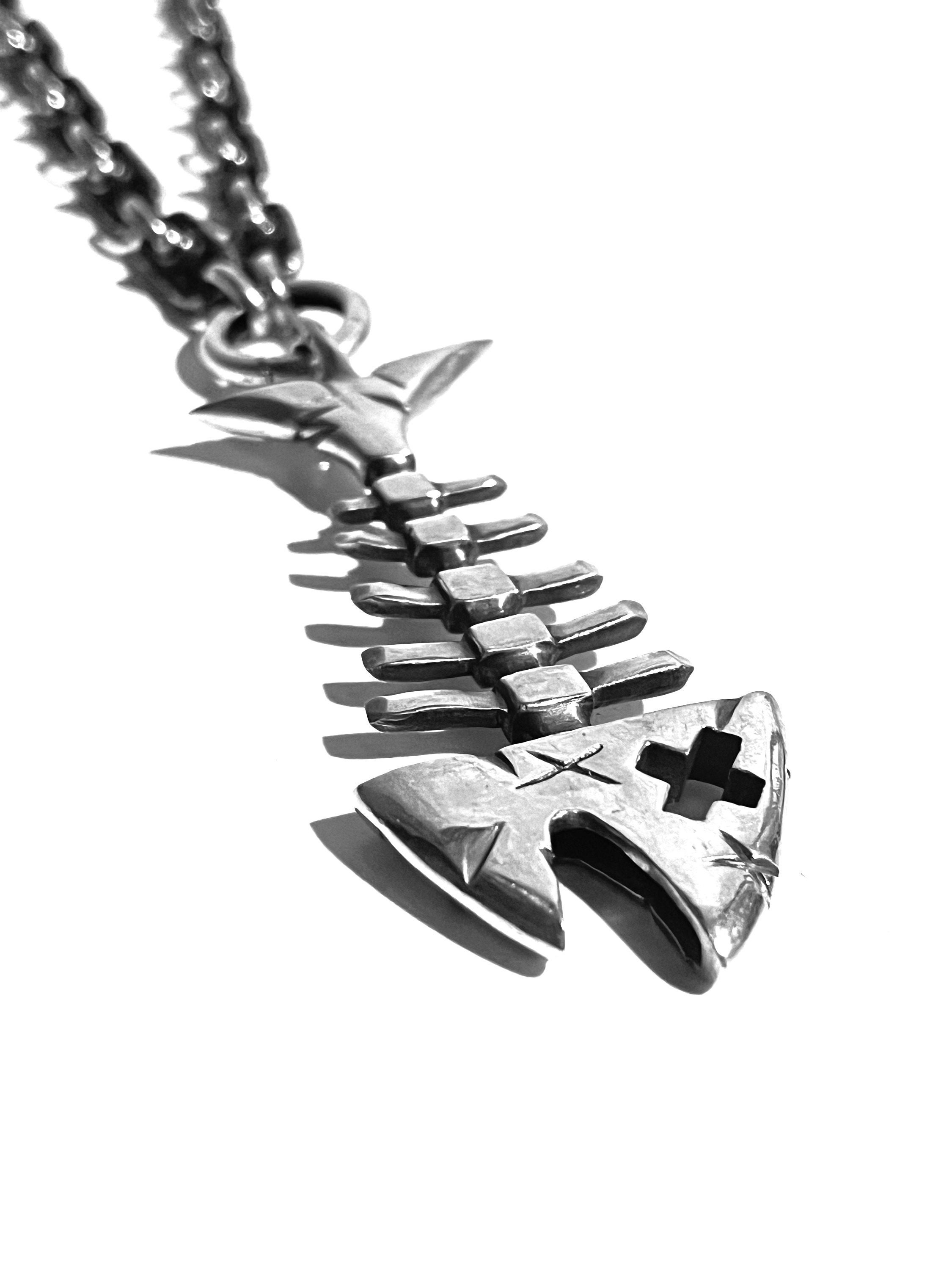 Handmade Sterling Silver Fish Skeleton Pendant: Weathered Cartoon Style ...