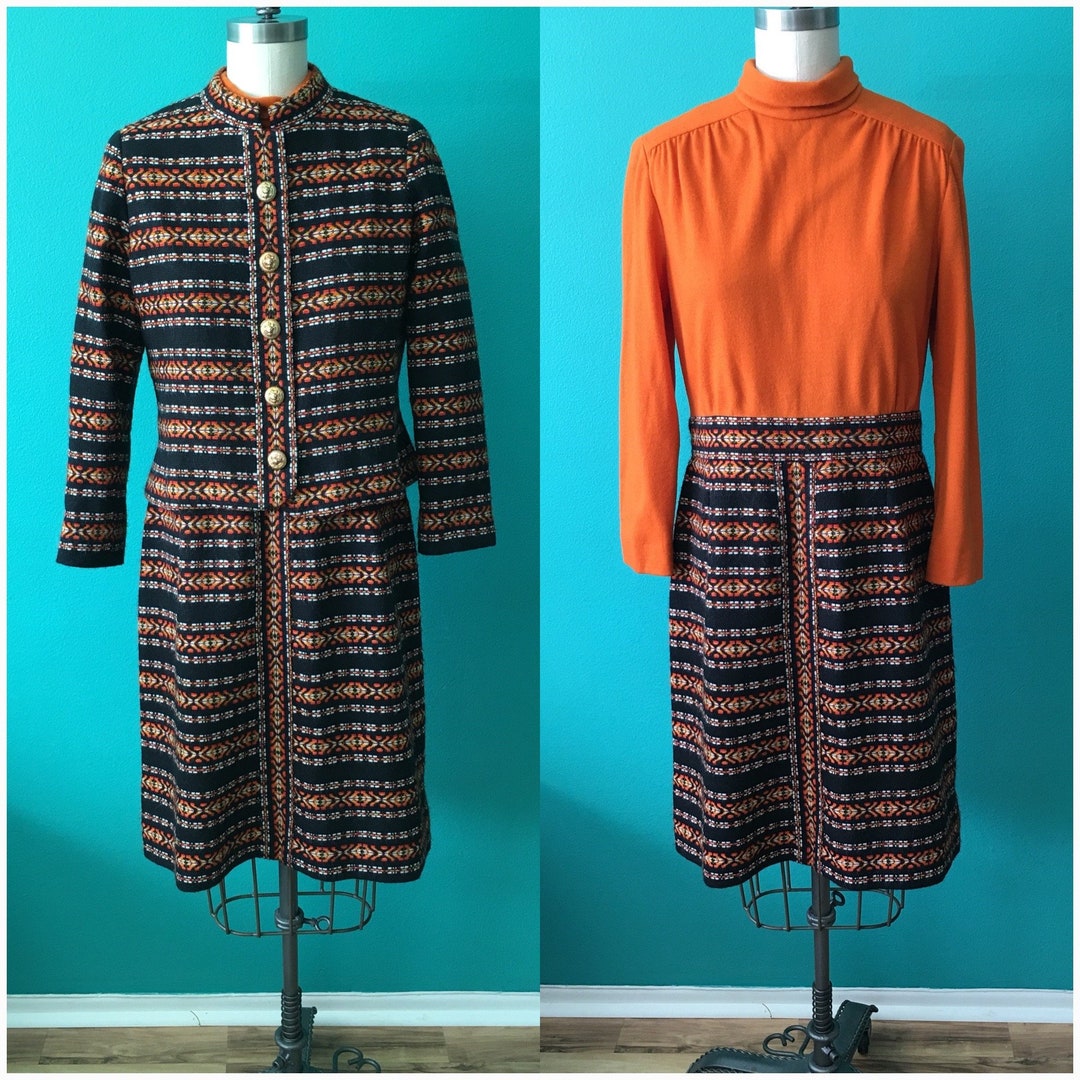 Joseph Magnin 2 Piece Vintage 60s Dress Jacket Set Orange Rust Black ...