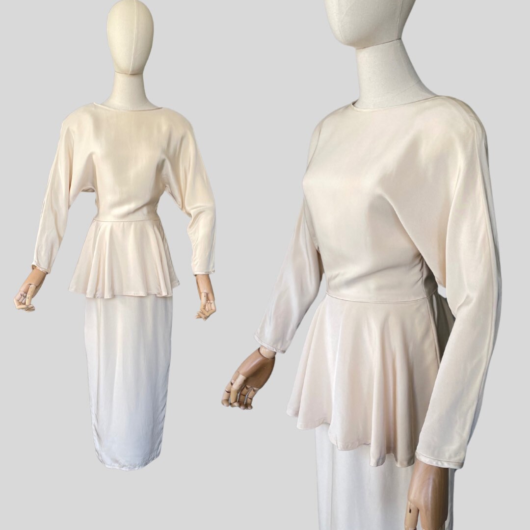 Vintage 1980s Saks Fifth Avenue Tom and Linda Platt Dress Peplum Cream ...