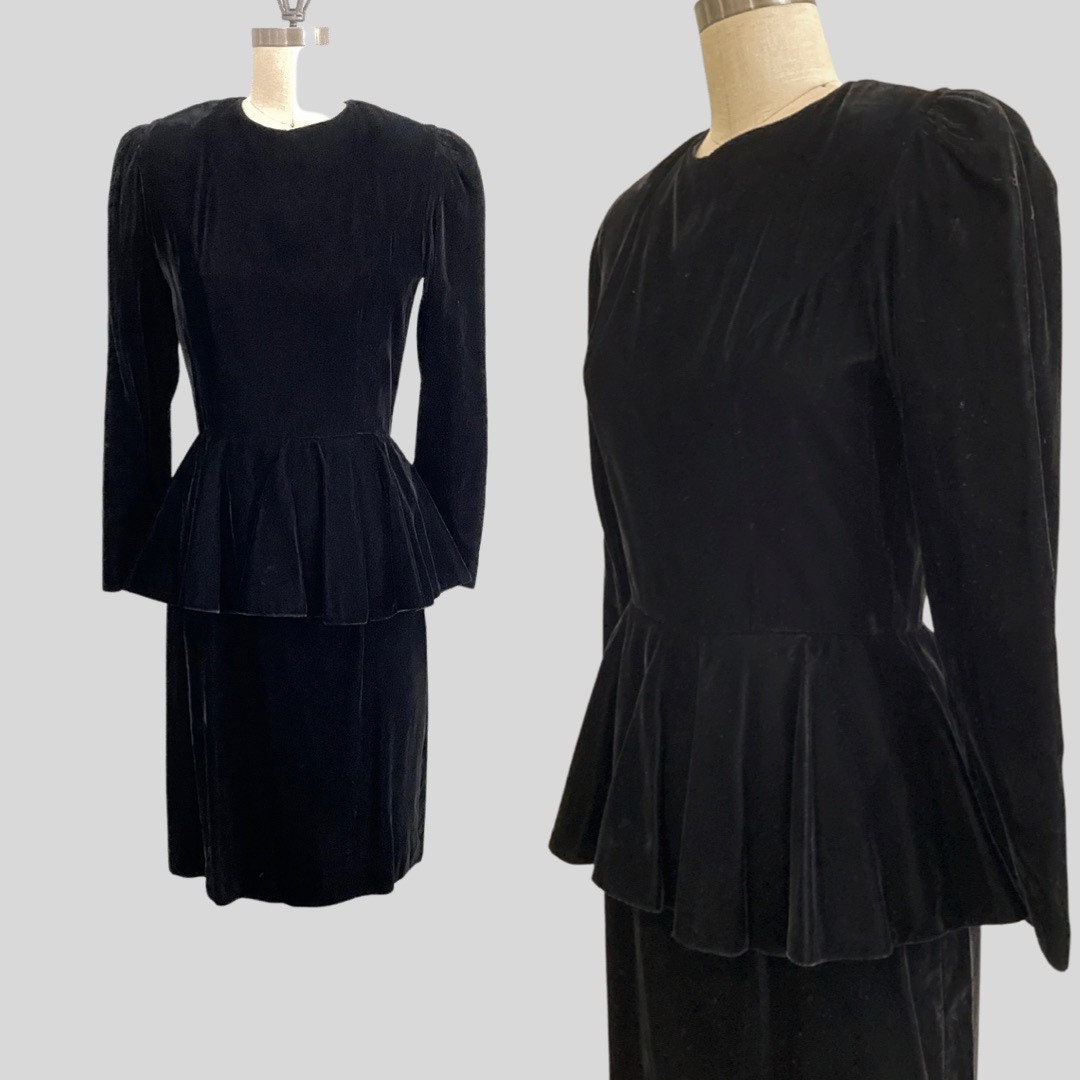 Vintage 60s Velvet Dress Peplum Black Sheath Wiggle Holiday Party ...