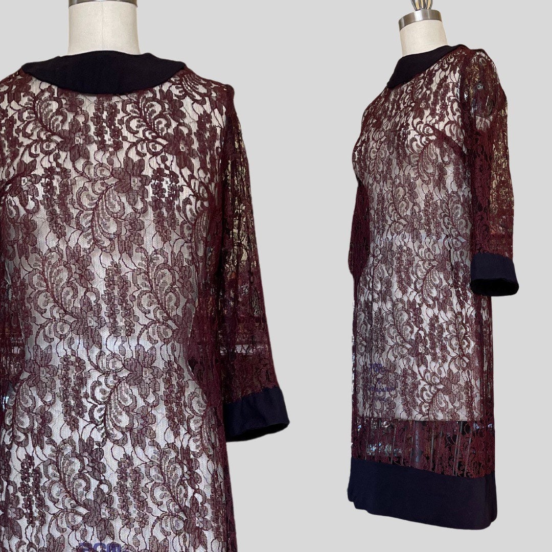 Vintage 60s Sheer Lace Shift Dress Burgundy Black Mod - Etsy