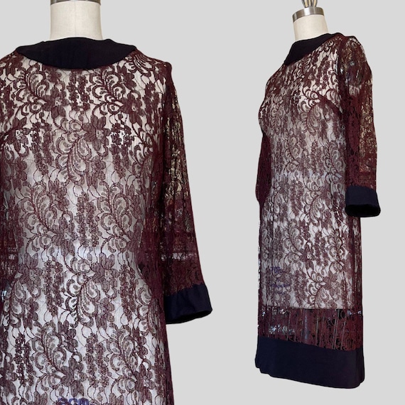 Vintage 60s Sheer Lace Shift Dress Burgundy Black Mod - Gem