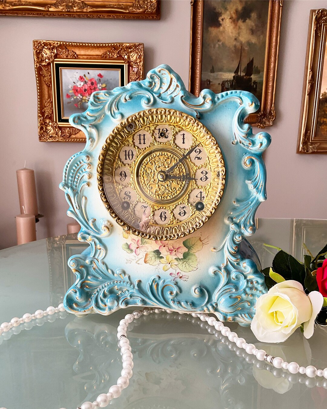 Antique Gilbert Porcelain Mantle Clock, Circa 1900s, Hinge on Beveled ...