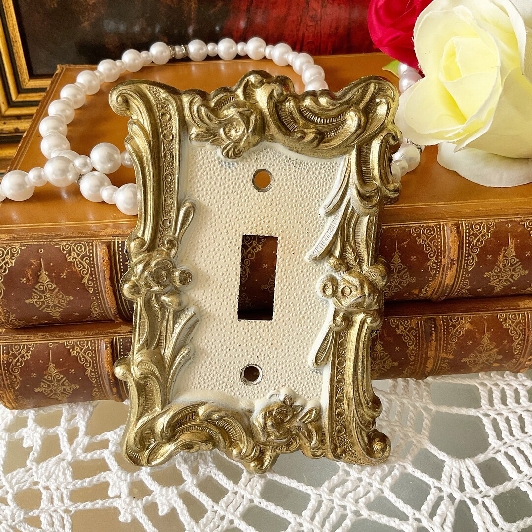 Vintage Cast Iron Single Light Switch Cover, White and Gold, Home Decor ...