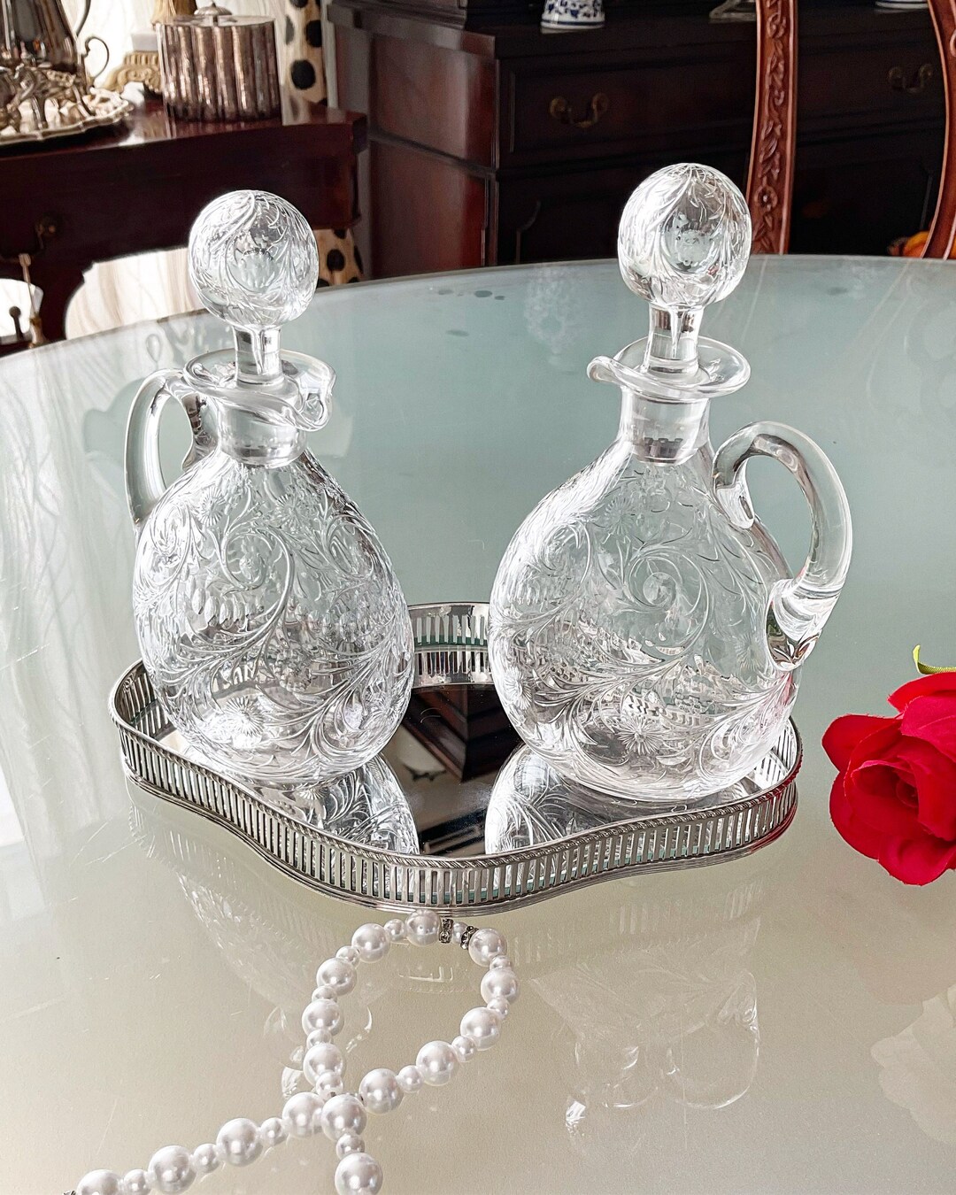 Antique Rock Crystal Cruets Set on Mirrored Silver Plated Tray - Etsy