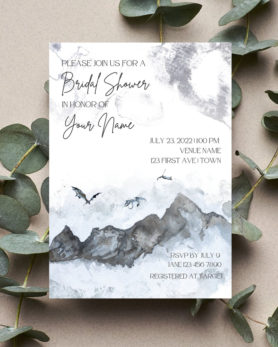 Fantasy Bridal Shower Invitation | Canva Template Dragon Wyvern ...