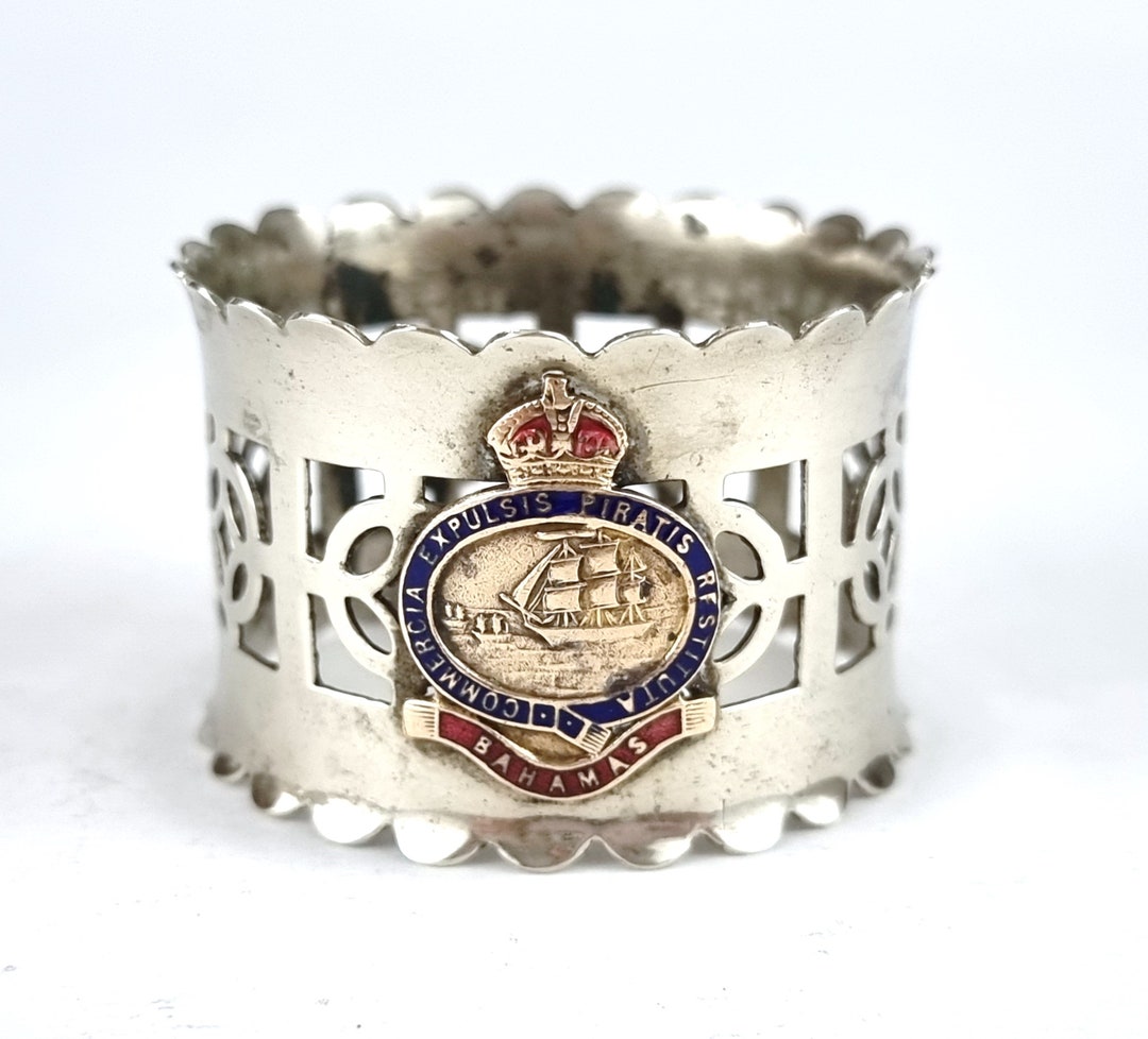Worn Silver Plate, Souvenir Napkin Ring, Bahamas Coat of Arms, Enameled ...