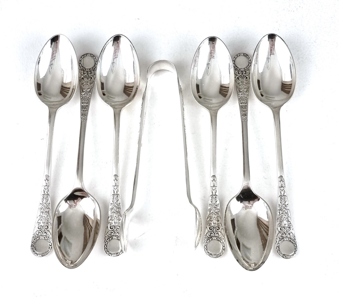Beautiful Set of Teaspoons, Spoons and Sugar Tongs, Silver Plate ...