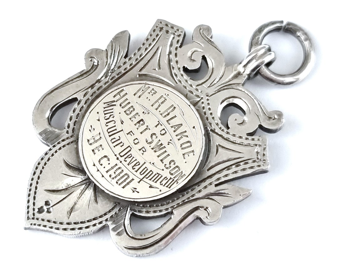 Antique Silver Fob Medal, Double Sided, Sterling Pendant, Muscular ...