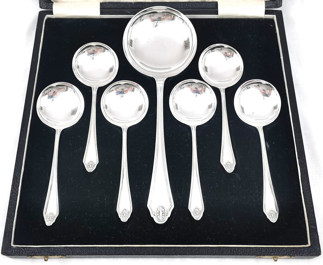 Cased Spoon Set, Dessert Spoons, Serving Spoon, Silver Plate, Wheel ...