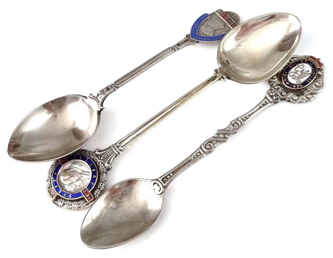 Vintage Commemorative Spoons, Art Deco, Worn Silver Plate, Enameled ...