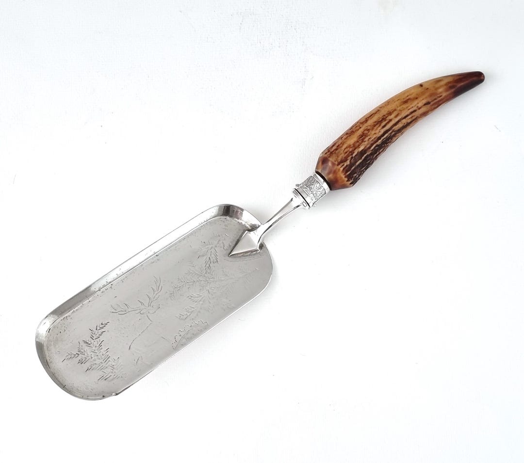 FADED Pattern, Antique Crumb Scoop, Silver Plate, Antler Handle, Stag ...