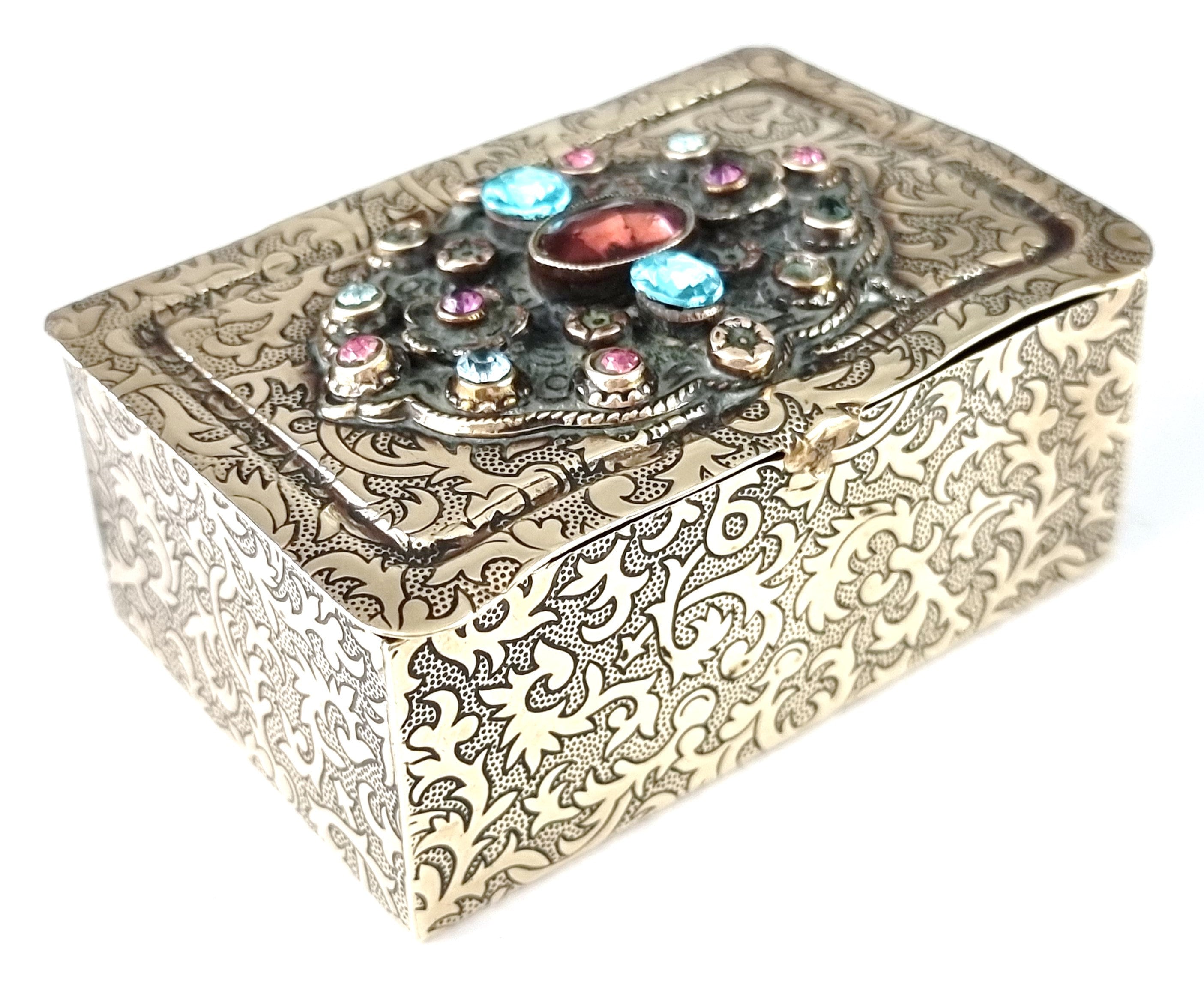 Small Brass Box, Trinket Box, Czech Made, Floral Scrolls, Paste Gem Top ...