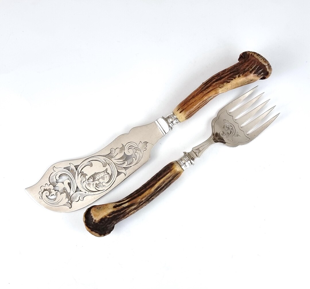 Antique Fish Servers, Silver Plate, Antler Handles, Engraved Fish ...