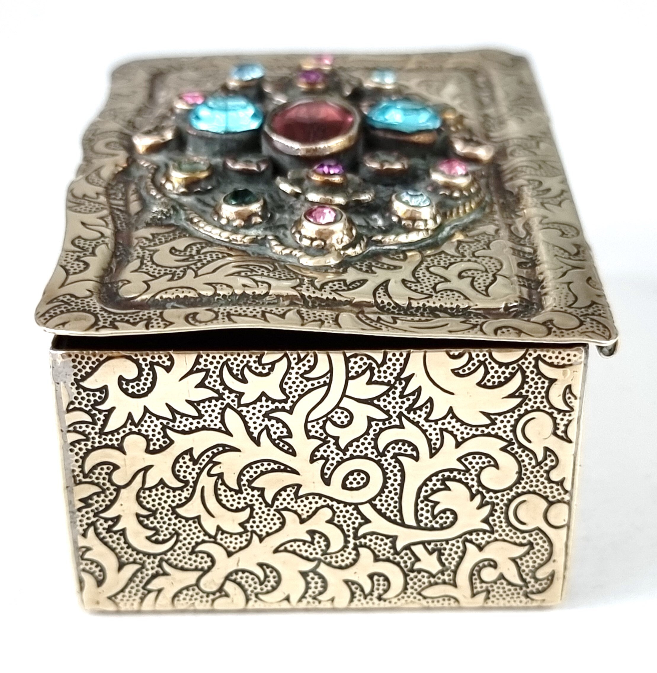 Small Brass Box, Trinket Box, Czech Made, Floral Scrolls, Paste Gem Top ...