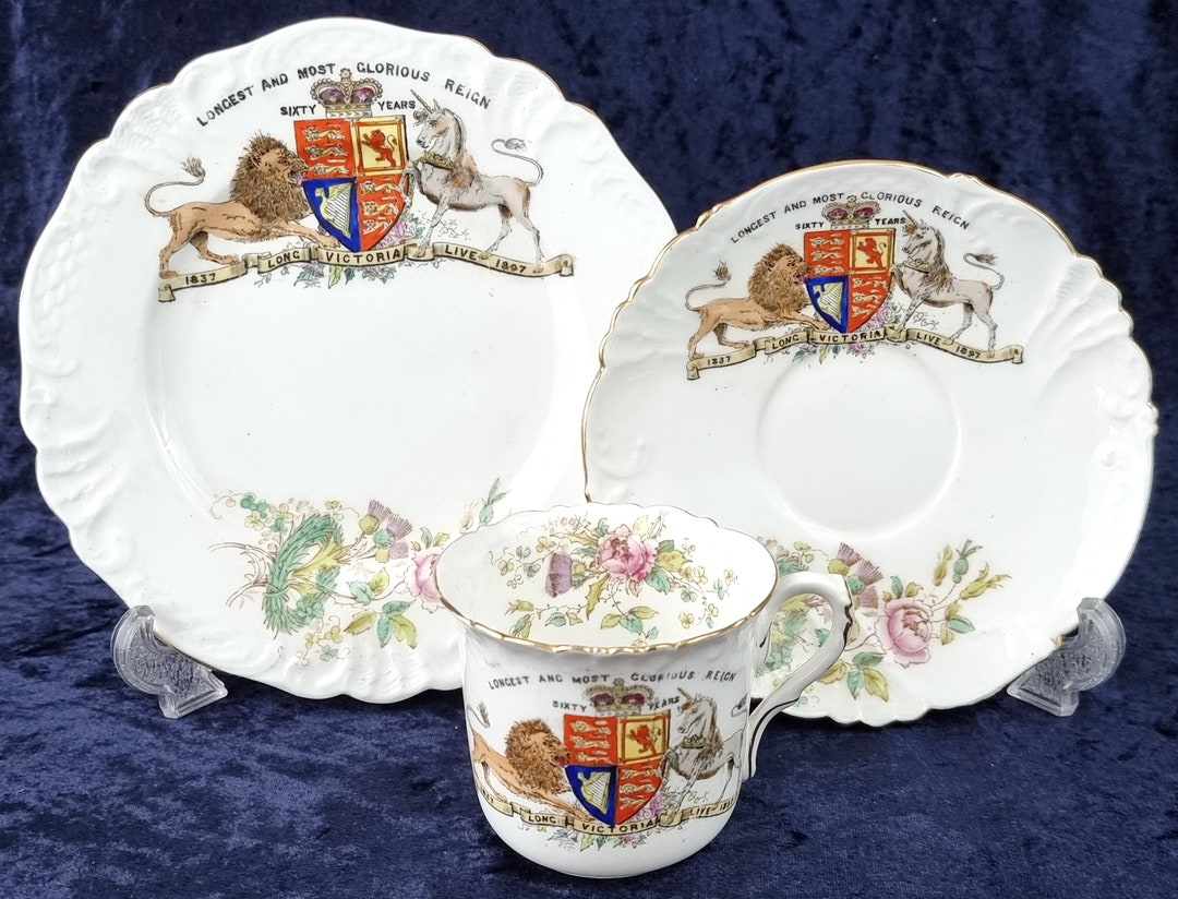 Beautiful Antique Trio, Cup Saucer Plate, Queen Victoria, 1897 Jubilee ...