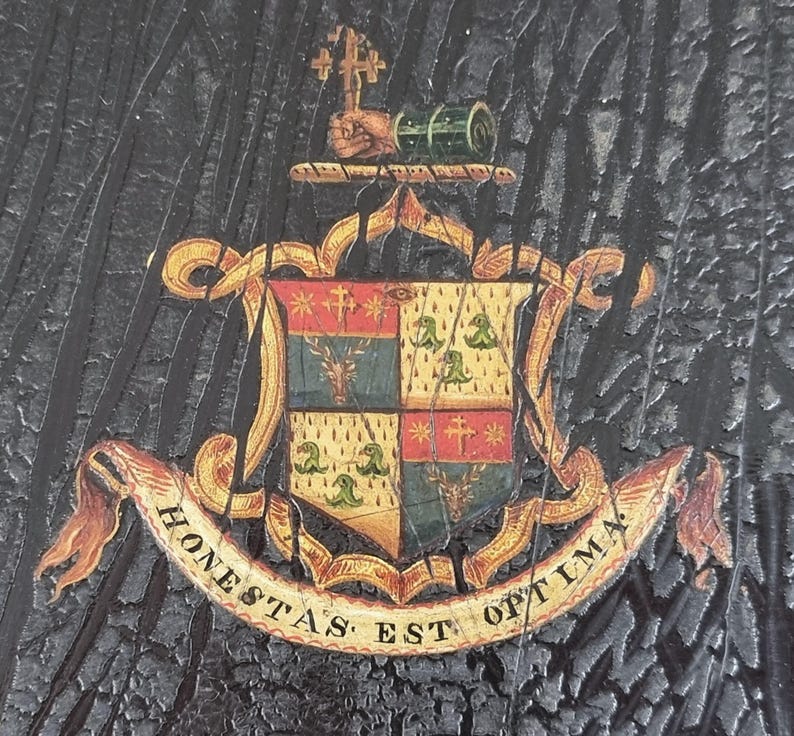 DISTRESSED Look, Antique Wooden Panel, From a Carriage, Armorial Crest ...