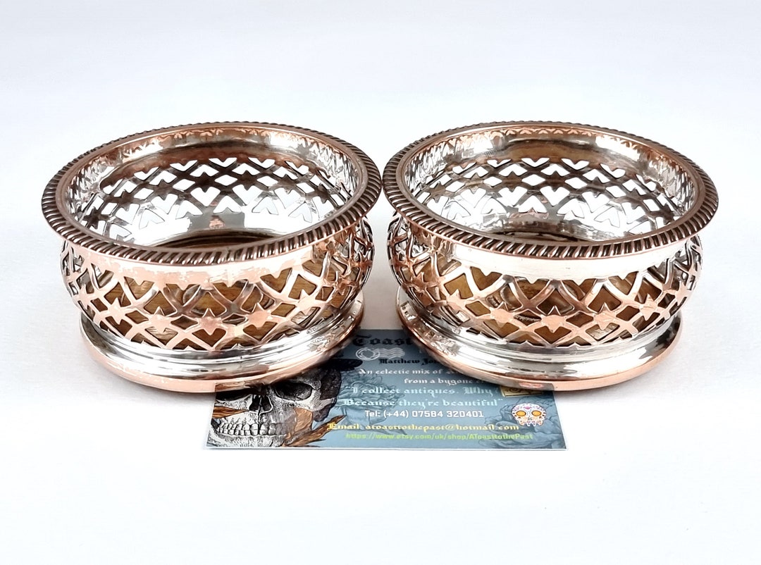SMALL Coasters, Condiment Bottle Holders, Worn Silver on Copper, Wooden ...