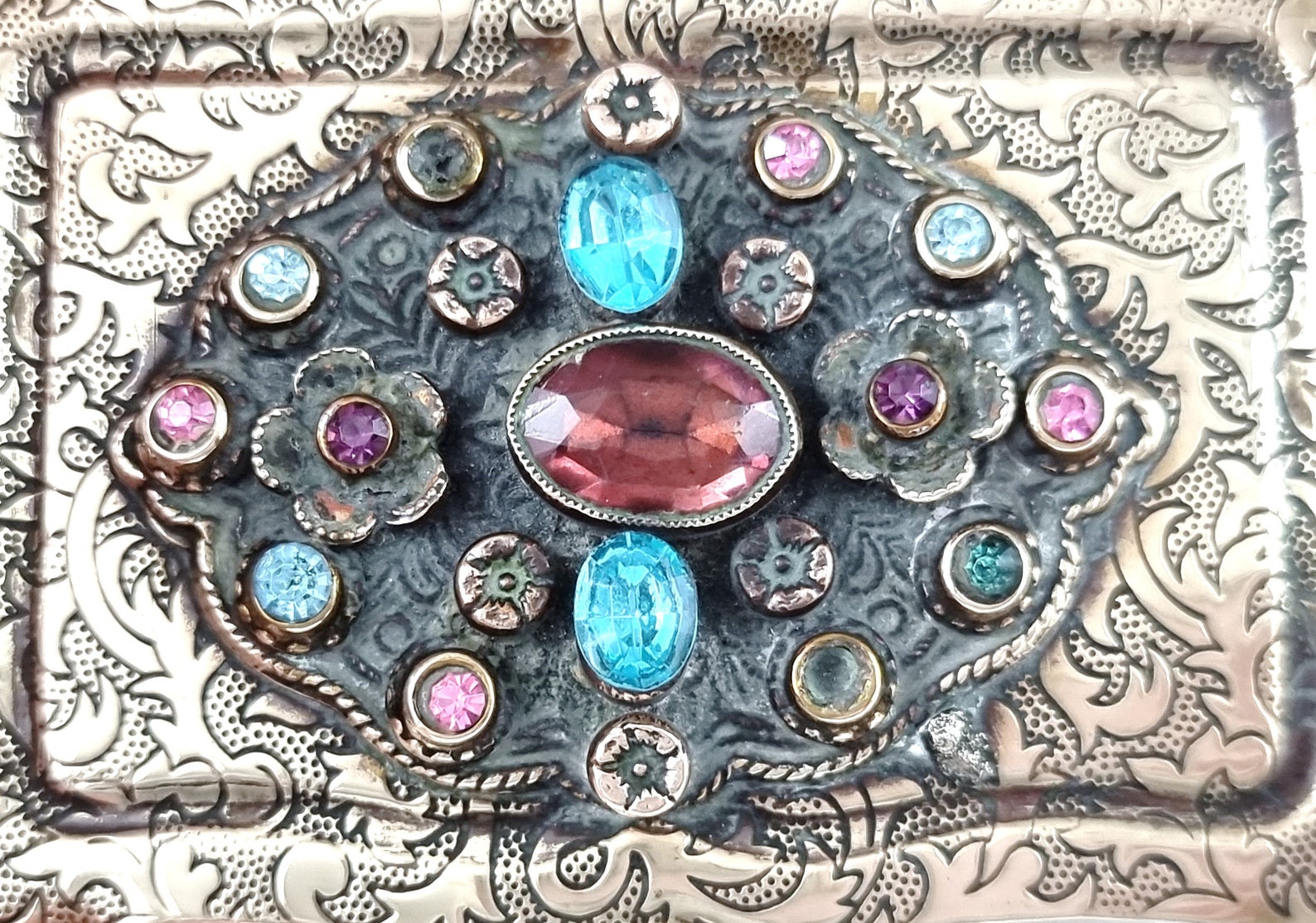Small Brass Box, Trinket Box, Czech Made, Floral Scrolls, Paste Gem Top ...