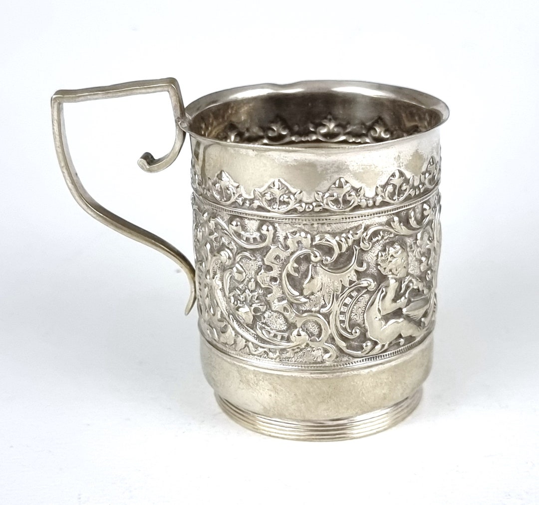 Worn Silver Plate, Small Antique Cup, Christening Tankard, Repousse ...